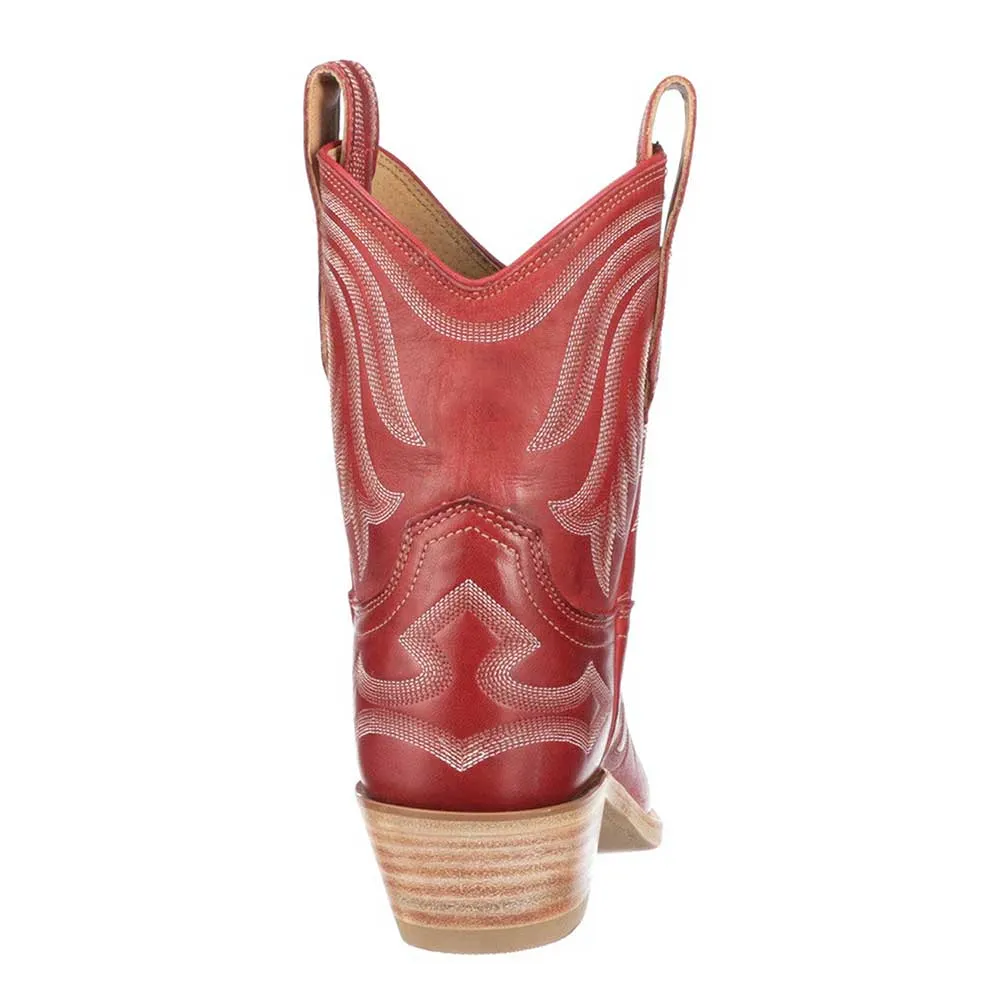 Red Ankle Booties Snip Toe Embroidered Cowgirl Boots for Women