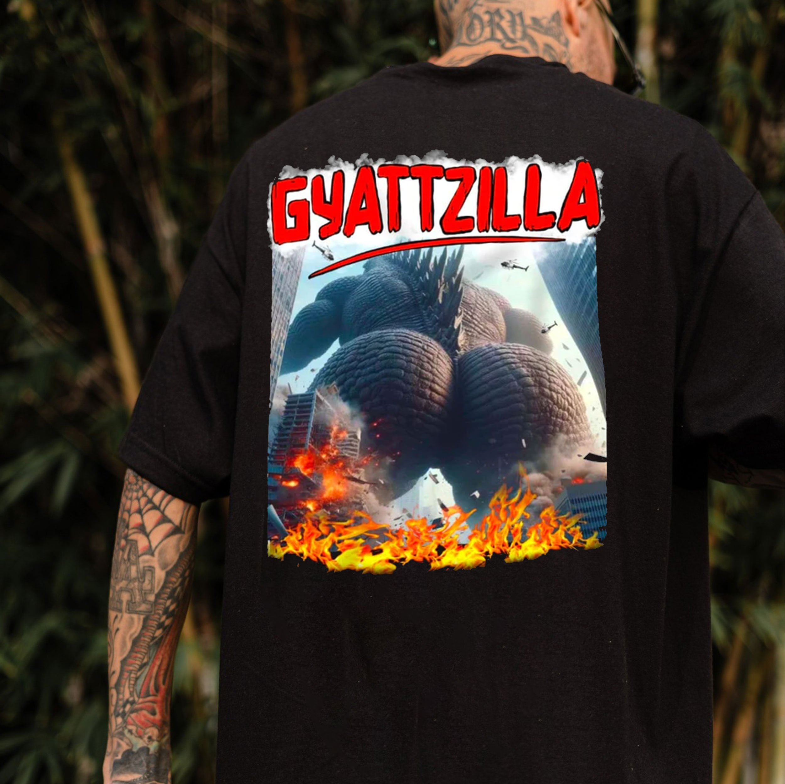 GYATTZILLA Giant in the Fire Black Print T-shirt