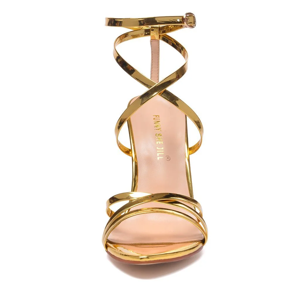 Gold Ankle Strap Sandals Decorative Heel Prom Shoes