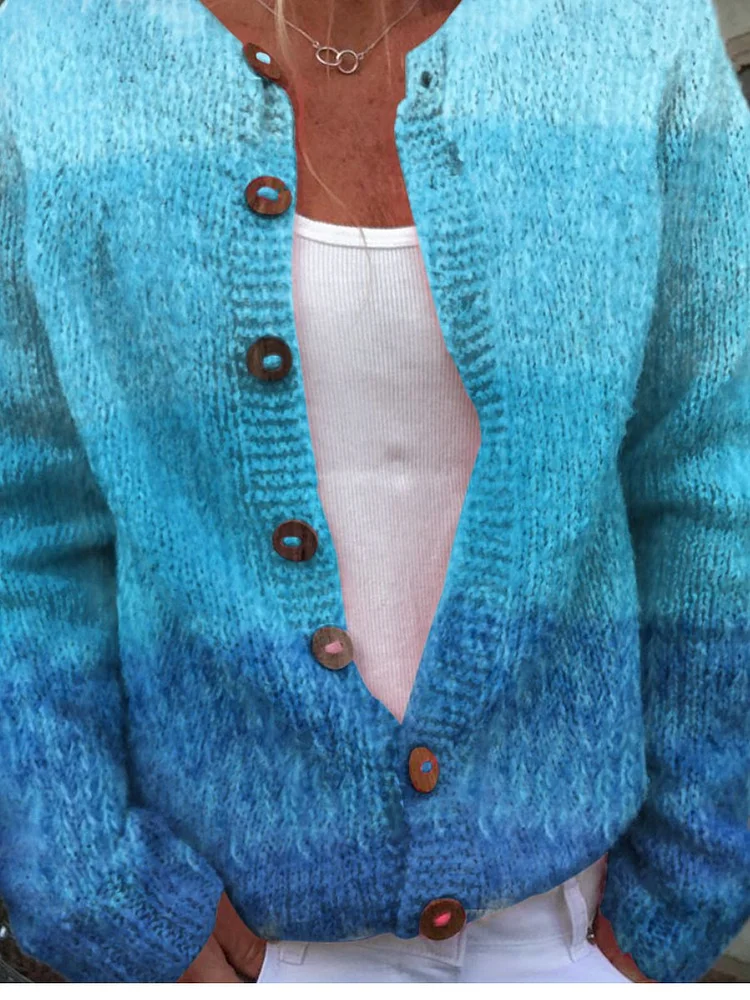 Gradient Blue Winter Print Buttoned Cardigan Sweater