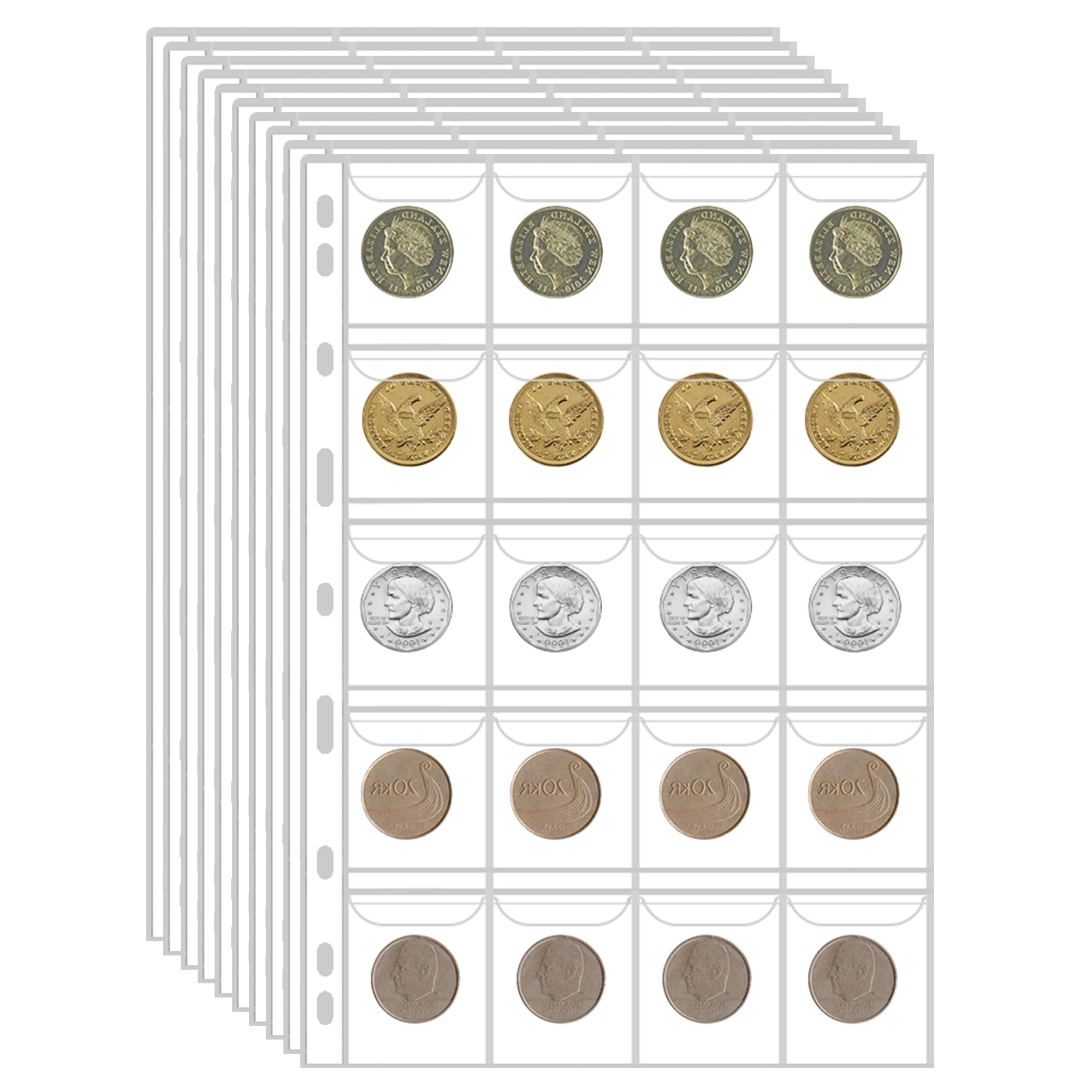 20 Pockets Coin Collection Sleeves,10 Sheets Standard 9-Hole Coin ...
