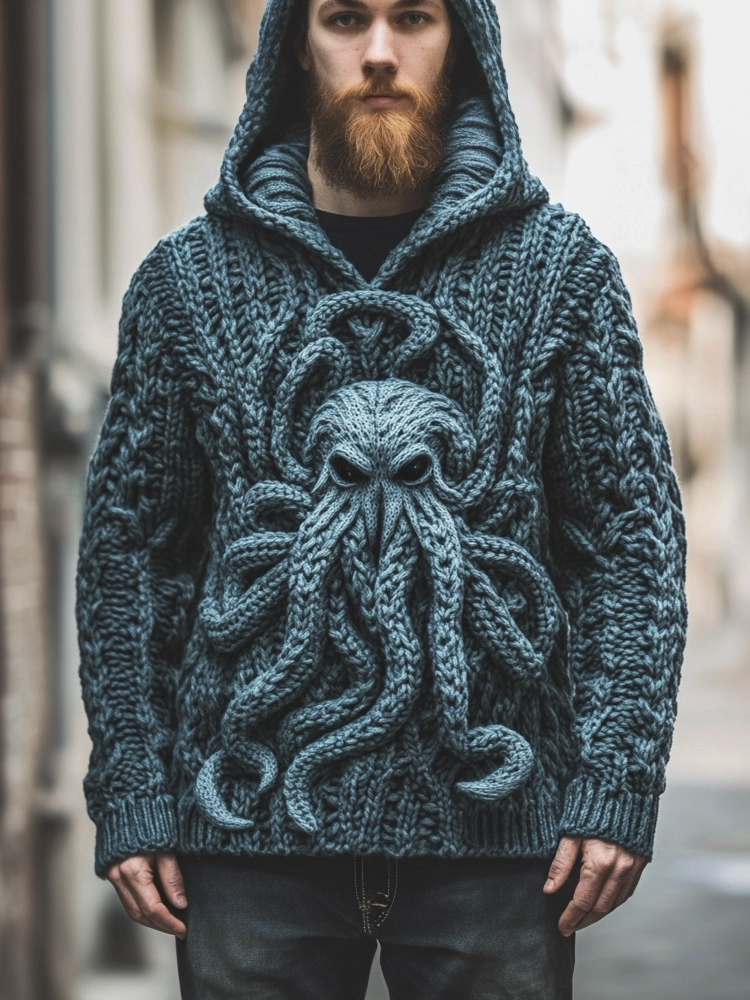 Comstylish Ocean Octopus Cthulhu Knit Pattern Men's Hooded Sweater