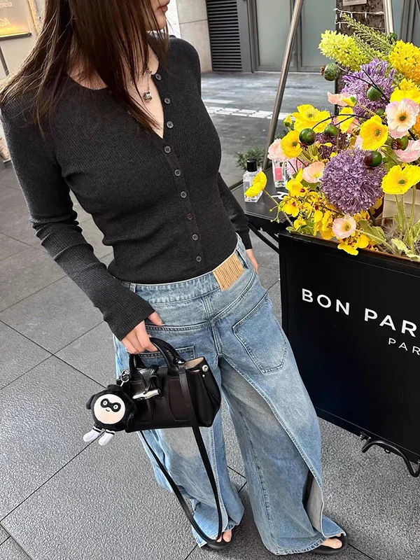 Contemporary Fusion - False Two Reversible Wide-Leg Jean Pants with Pockets