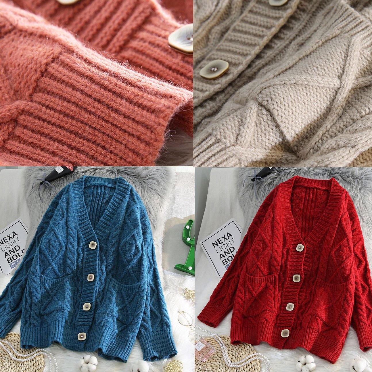 FineGina Comfy red knit jacket oversized spring two pockets knitwear