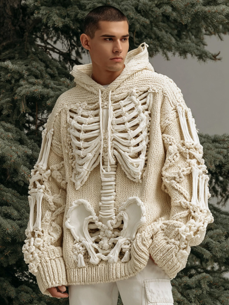 Men's Halloween Skeleton Art Knit Hooded Sweater