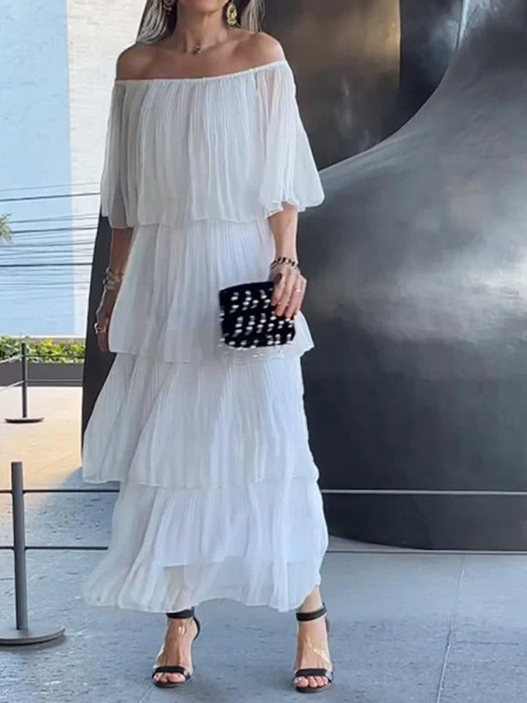 Fashion temperament one-word collar pleated ruffle edge dress