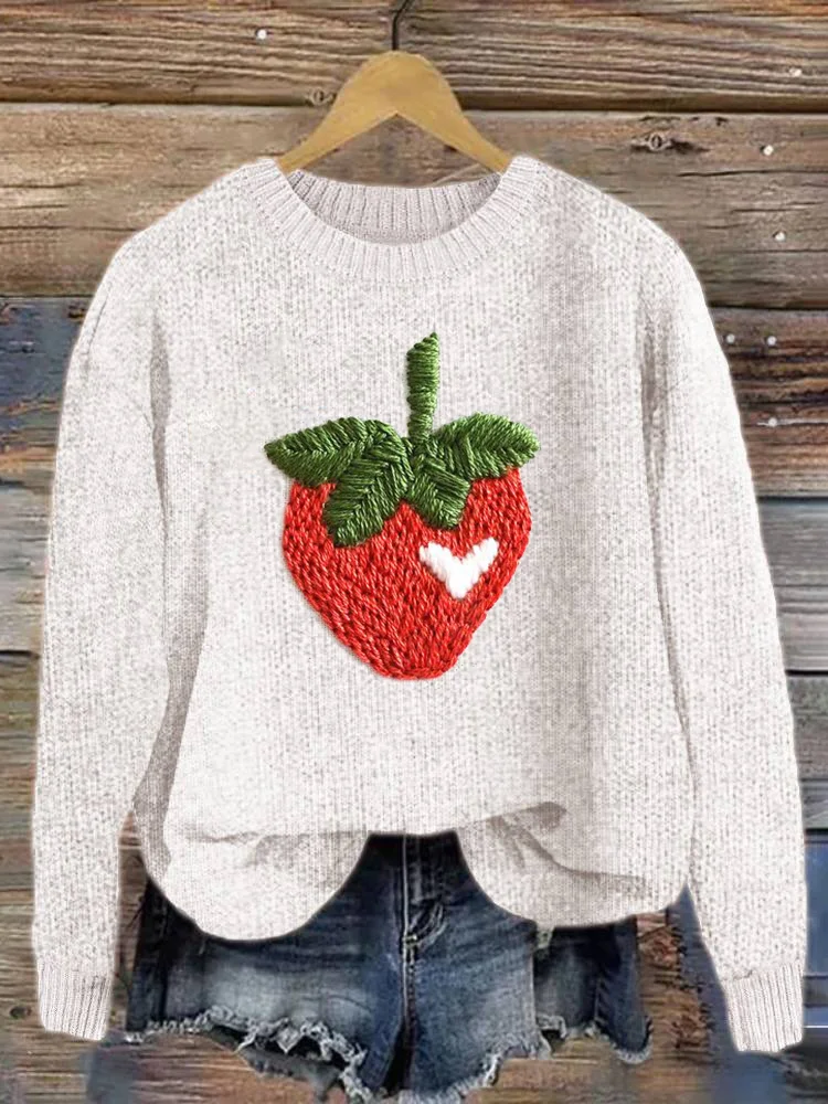 Strawberry Embroidery Pattern Cozy Knit Sweater