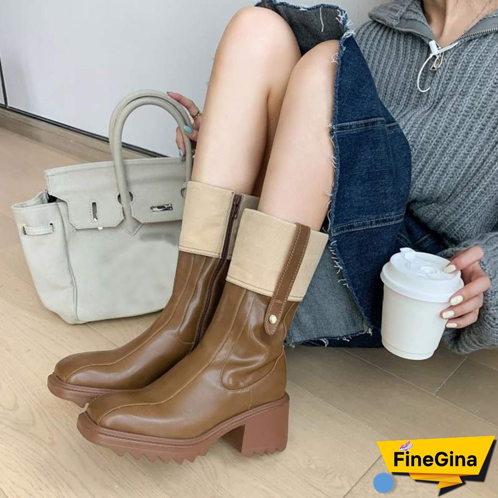 FineGina Pure Color Splice Slip-On Platform Boots