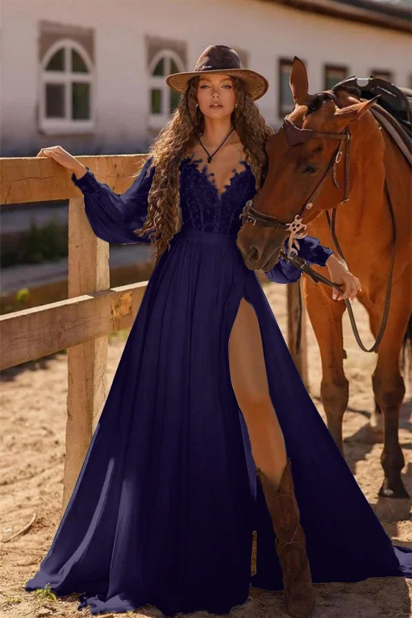 White Long Wedding Dress long sleeves With Split Lace ED0582