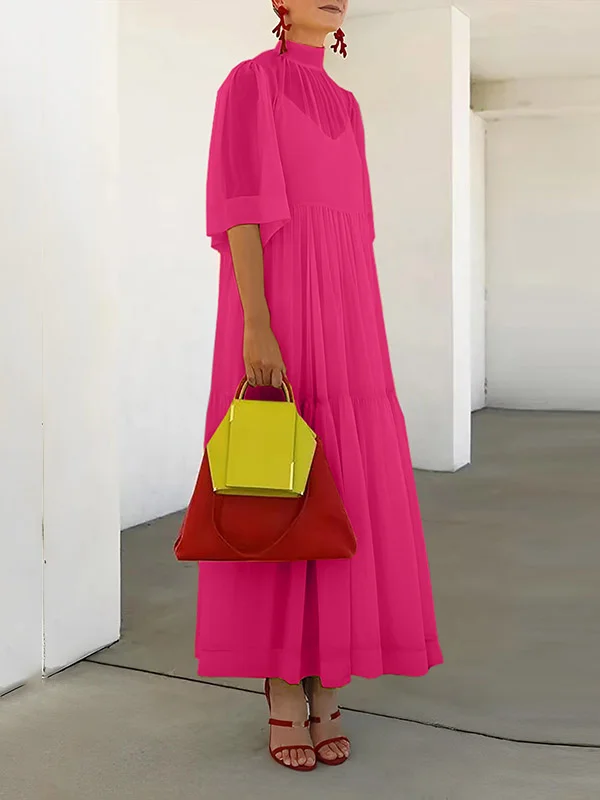 Plus Size Two-Piece Set: Solid Color Split-Joint Inner Dress with Mesh ...