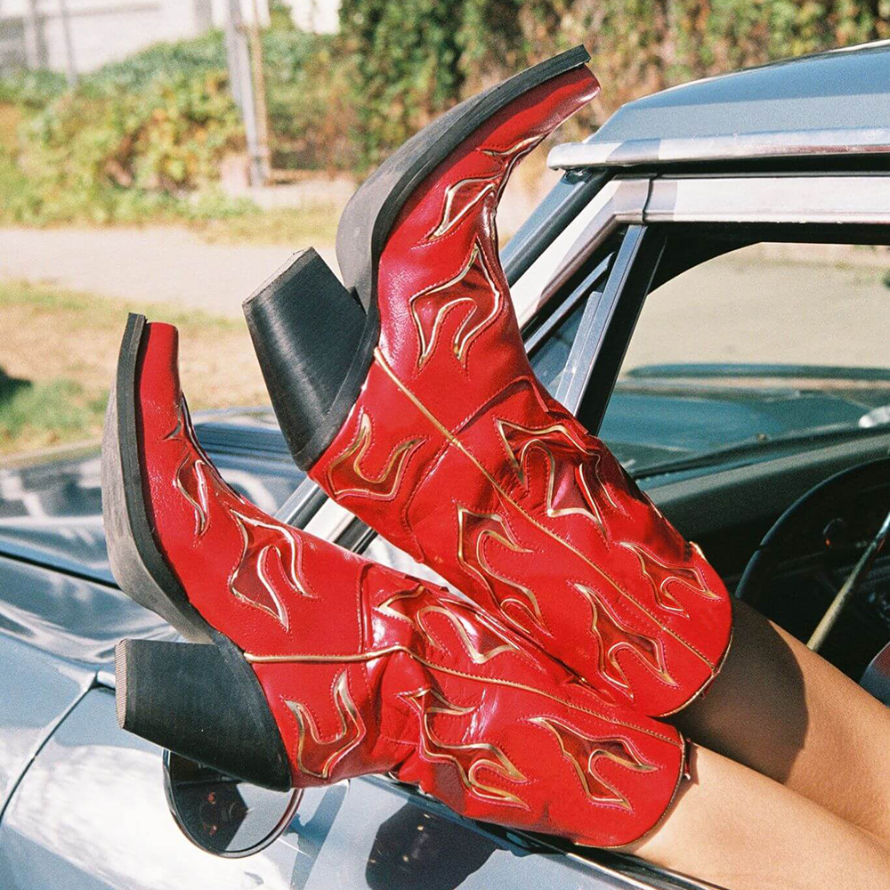 Red Chunky Heel Flame Pattern Mid-Calf Cowboy Boots for Women