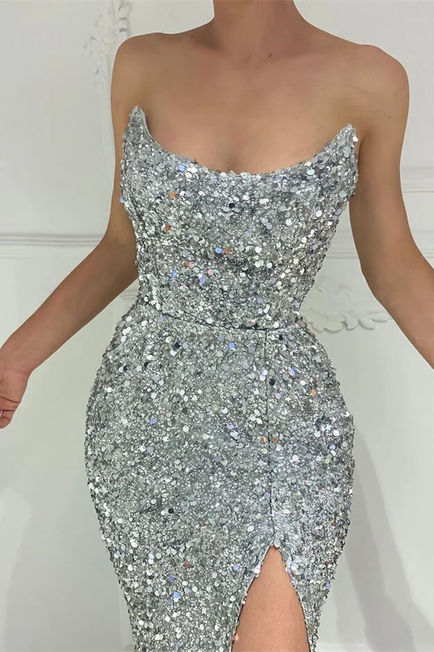 Daisda Chic Silver Strapless Mermaid Prom Dress Long Split with Sequins