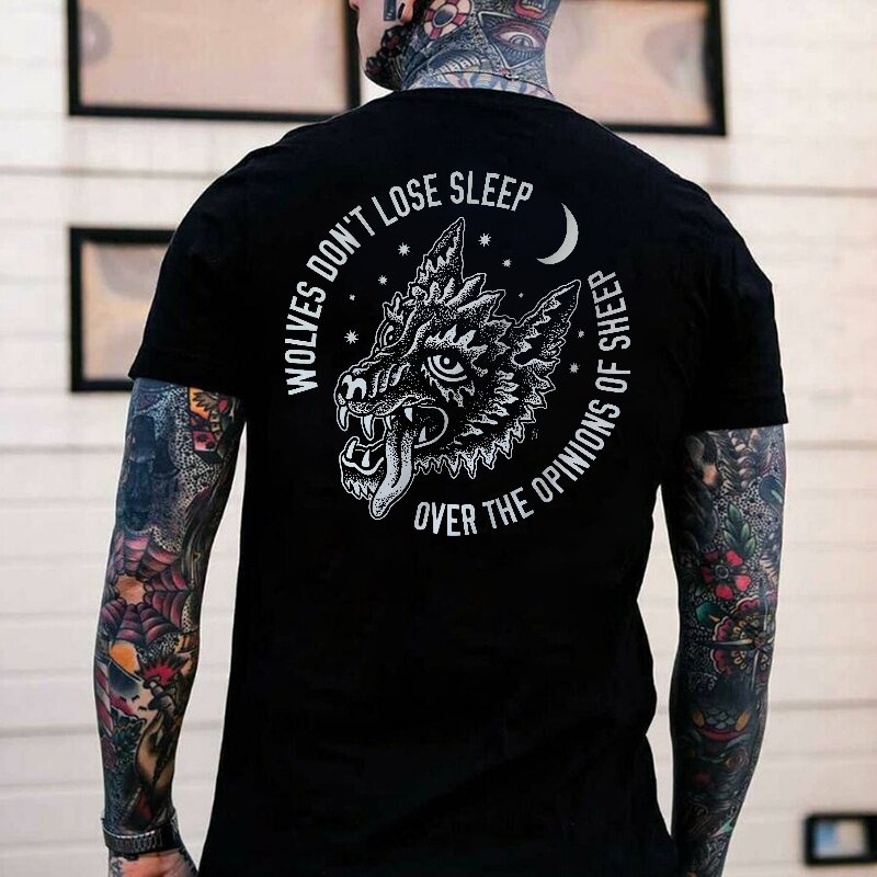 MOTOSUNNY WOLVES DON’T LOSE SLEEP Wolf and Letter Black Print T-shirt