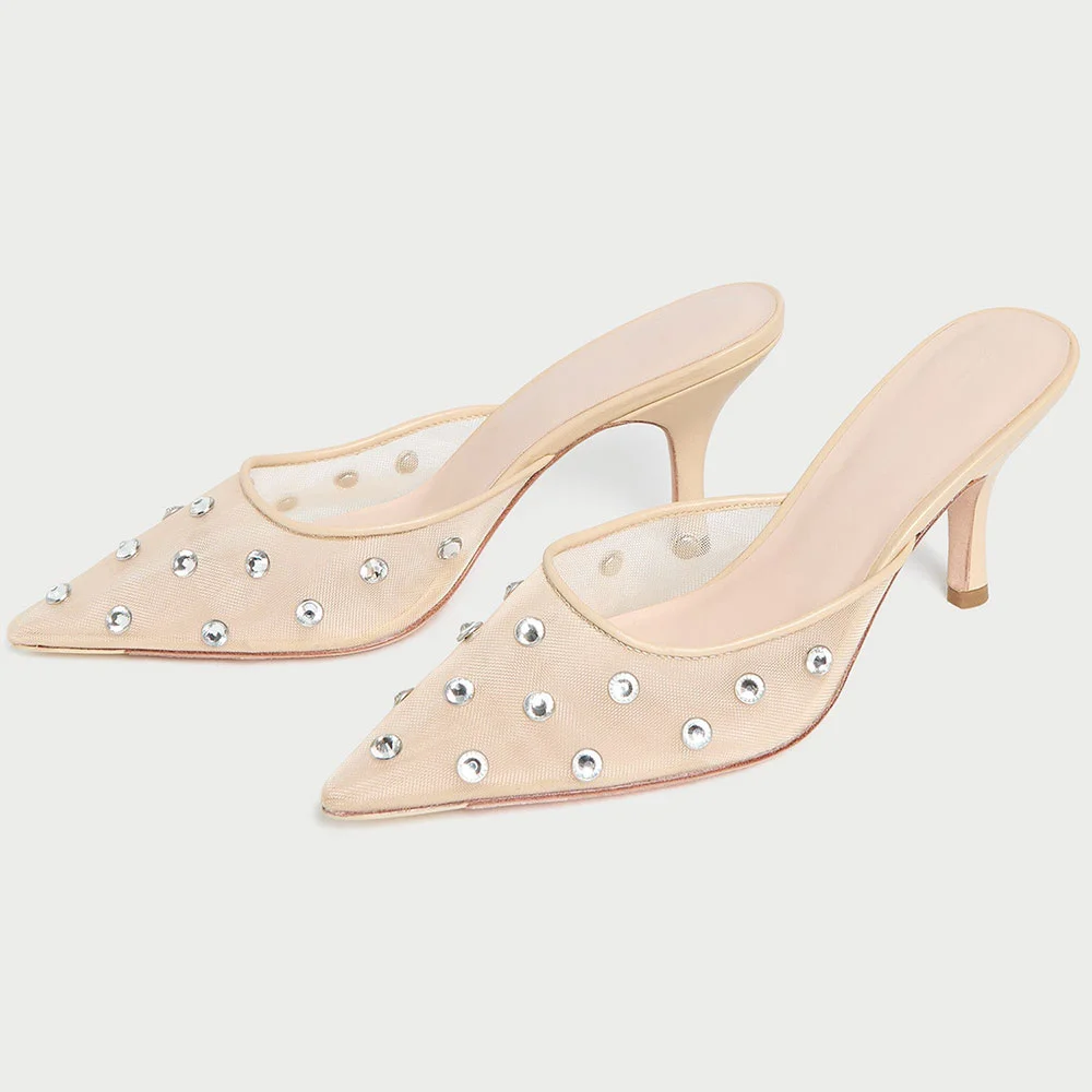 Beige Mesh Pointed Toe Rhinestone Embellished Heeled Mules