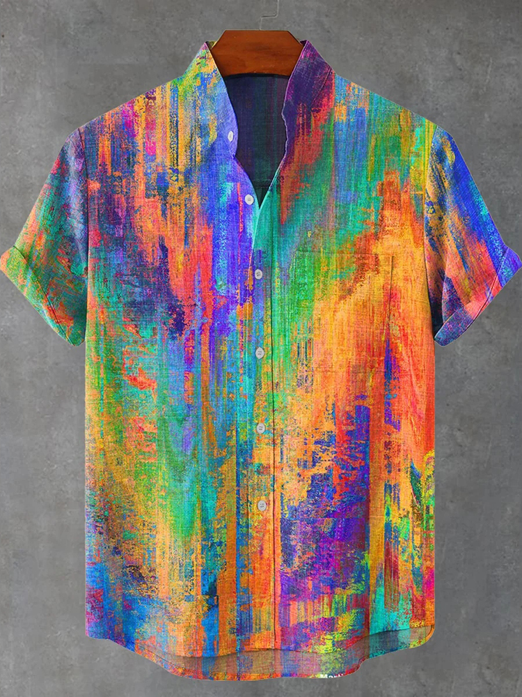 Vintage Rainbow Mottled Art Cat Print Casual Cotton Shirt 30.99 menweary