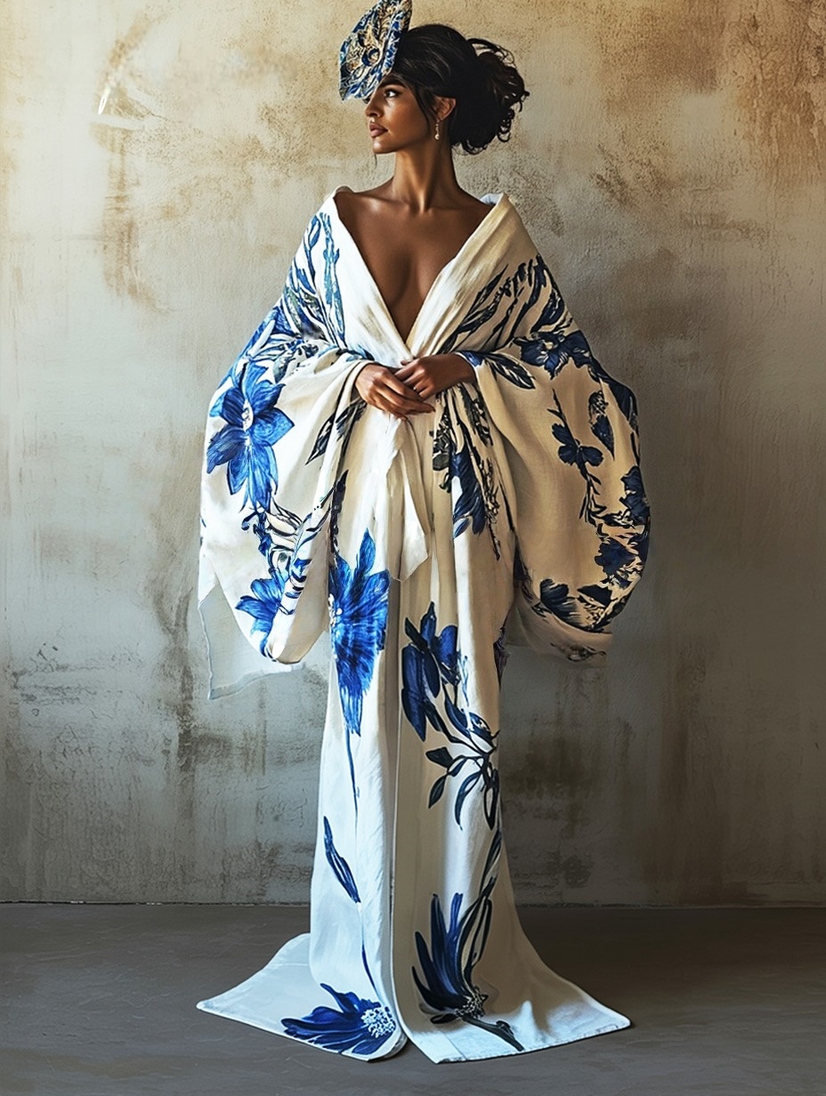 Women's Blue Blue Snowflake Kimono Robe (Including Belt)