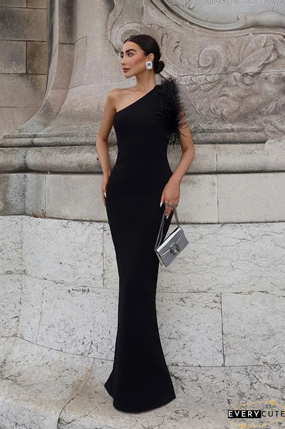 Elegant Feather Trim One Shoulder Back Split Gown Formal Maxi Dress - Black