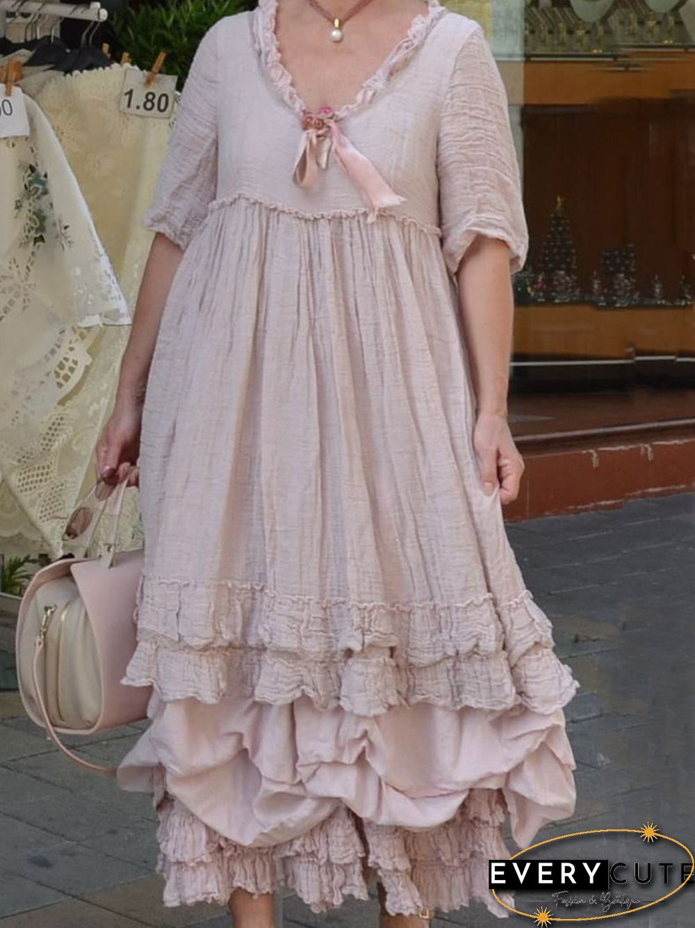 Pink V Neck Half Sleeve Weaving Dress