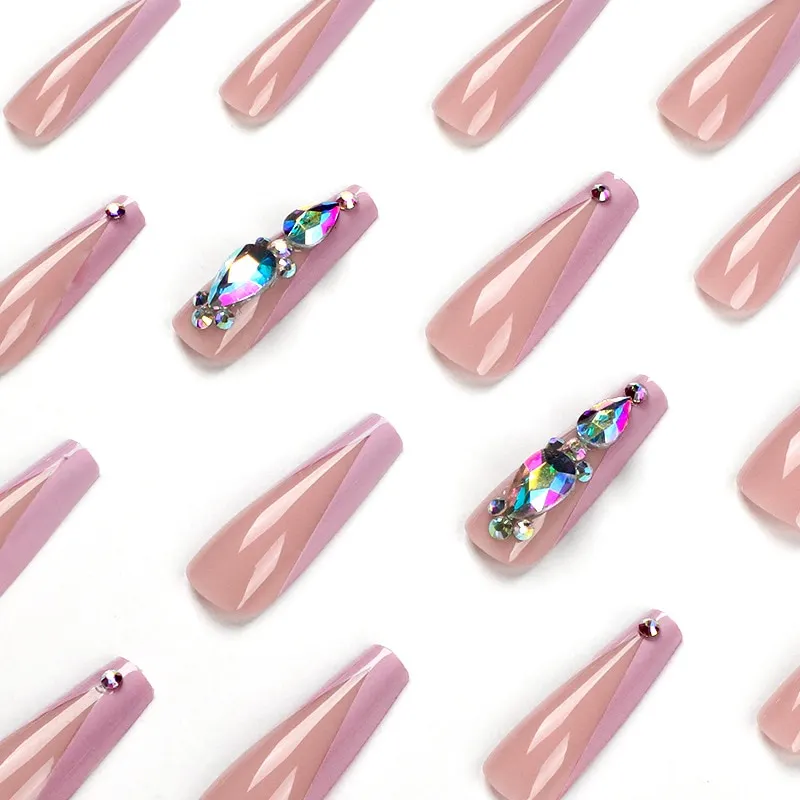 Churchf V Shape Pink French Nails Set Press on with Rhinestone Design ...