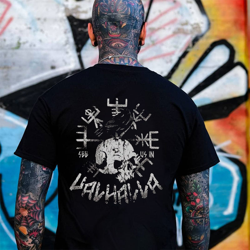 MOTOSUNNY SEE US IN VALHALLA Letter Casual Graphic Black Print T-shirt