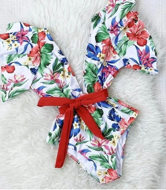 Sexy One Piece Swimwear Floral Deep-V Bathing Suit
