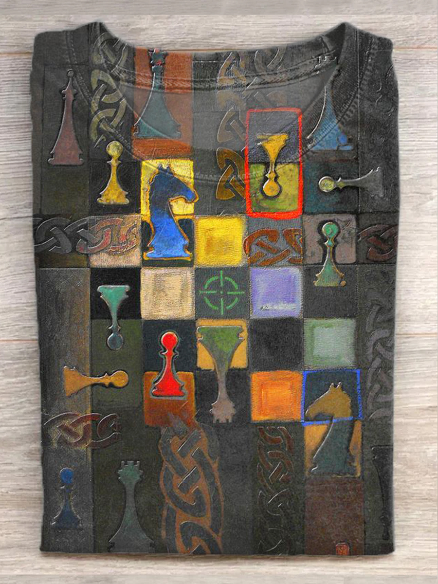 Retro Checkerboard World Graffiti Print Casual T-Shirt