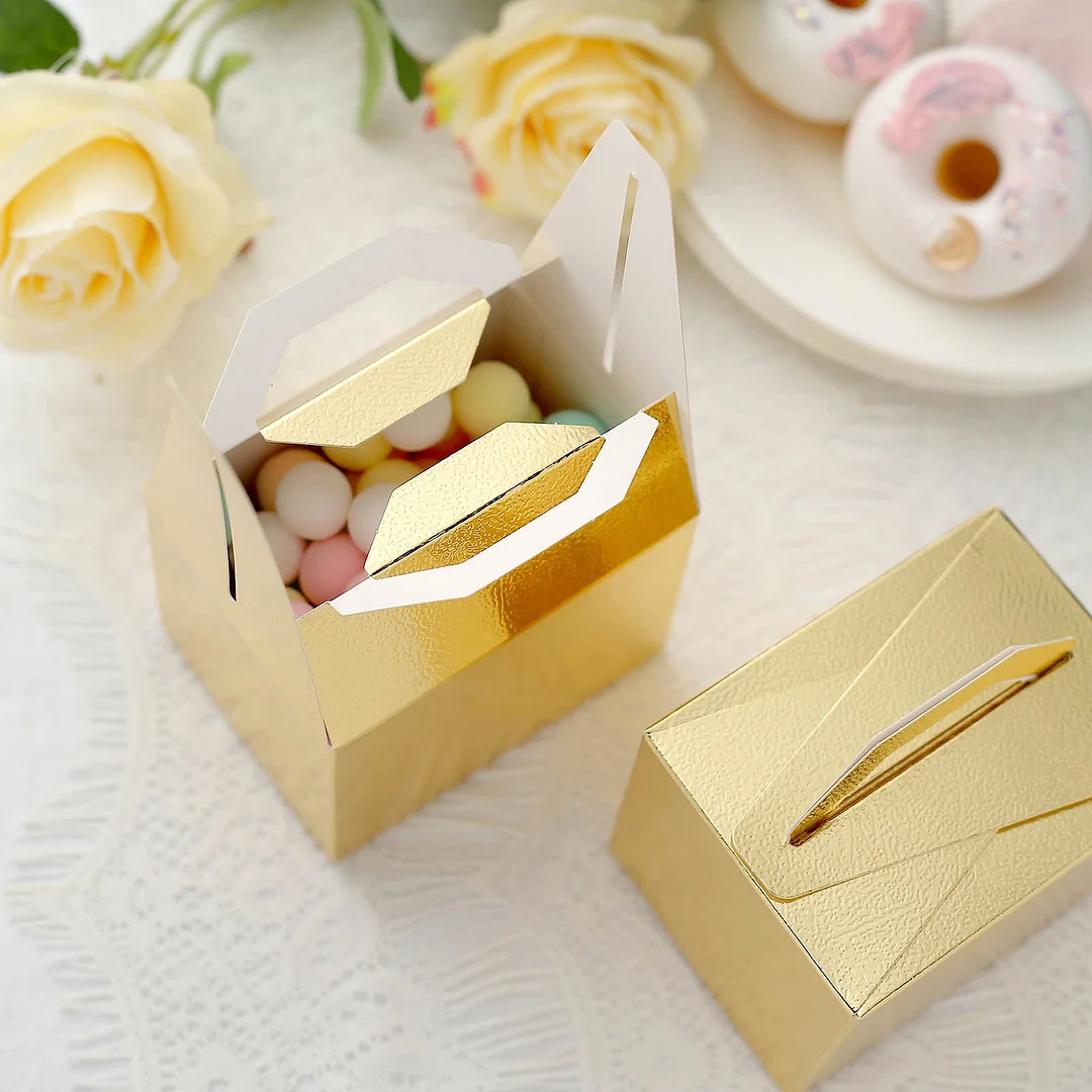 100 Pack | 4"x3"x3" Metallic Gold Tote Party Favor Candy Gift Boxes