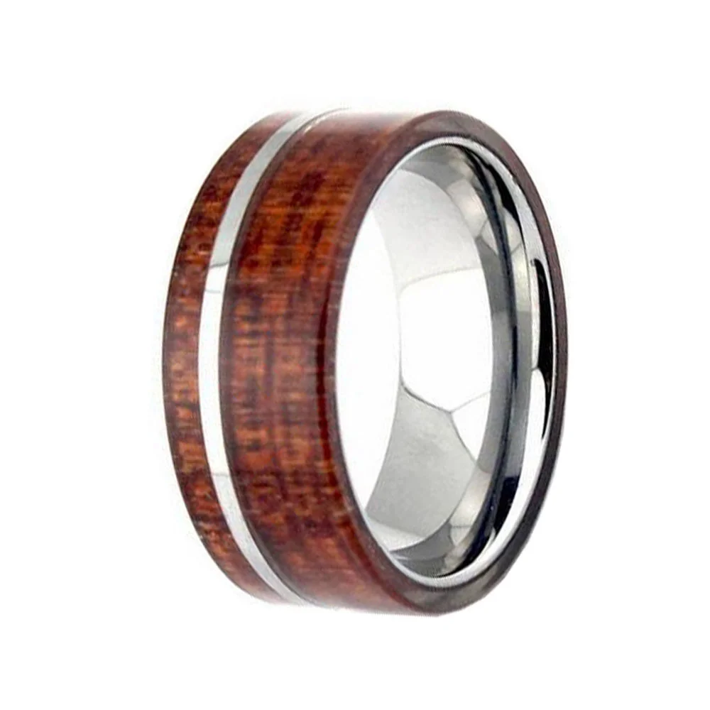 8MM Flat Wood Inlay Surface with Thin Silver Line Tungsten Rings ...
