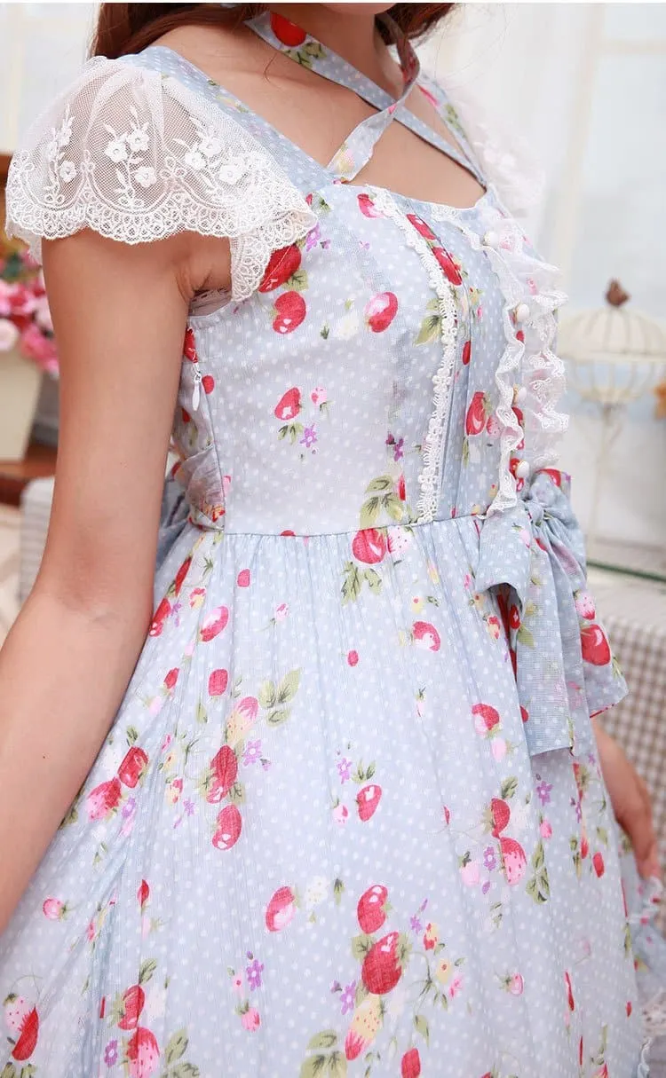 Light Blue Strawberry Floral Printed Dress SP165447