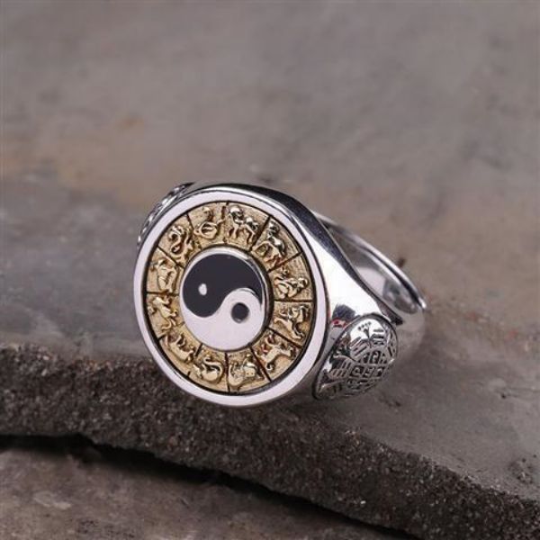 Sterling Silver Vintage Zodiac Taiji Bagua Ring