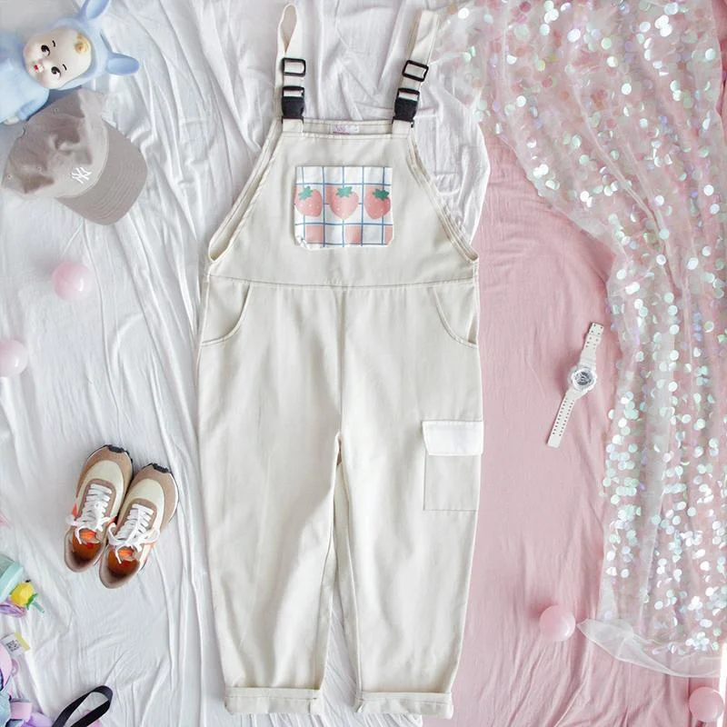 CREAM STRAWBERRY PRINT OVERALLS