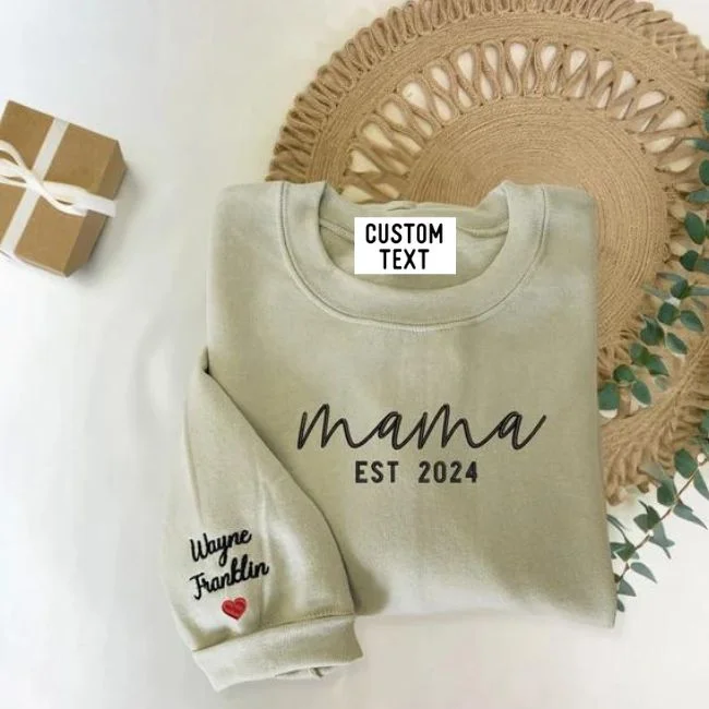 Custom Embroidered Mama Sweatshirt with Date and Kids Names on Sleeve ...