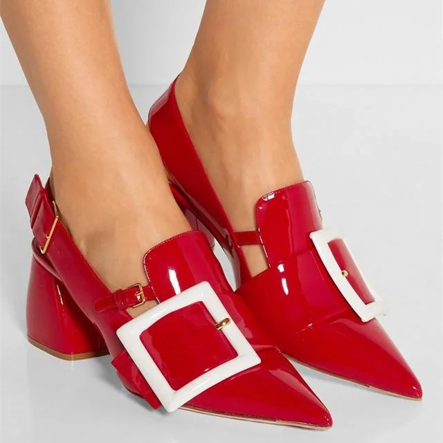 Red Patent Leather Pointed Toe Buckle Slingback Chunky Heels Vdcoo