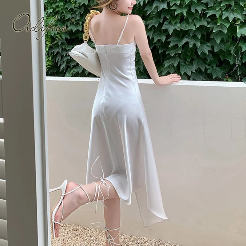 Ordifree 2022 Summer Women White Satin Dress Sexy Slit Spaghetti Strap