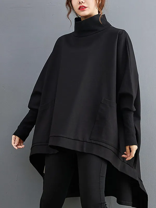 High-Neck High-Low Sweatshirt: Urban Solid Color