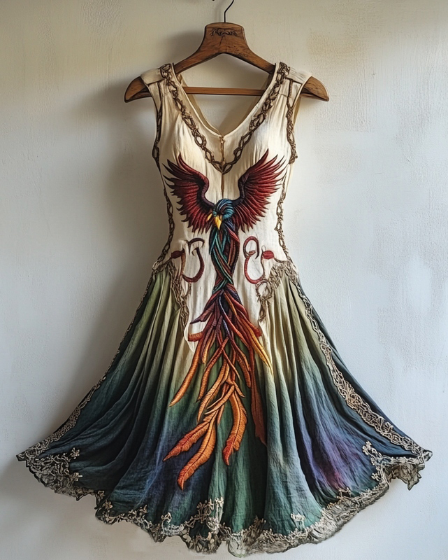 Women's Viking Celtic Knot Phoenix Totem Gradient Linen Midi Dress