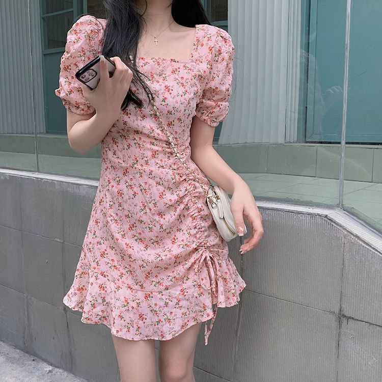 PINK FLORAL DRAWSTRING PUFF SLEEVE DRESS