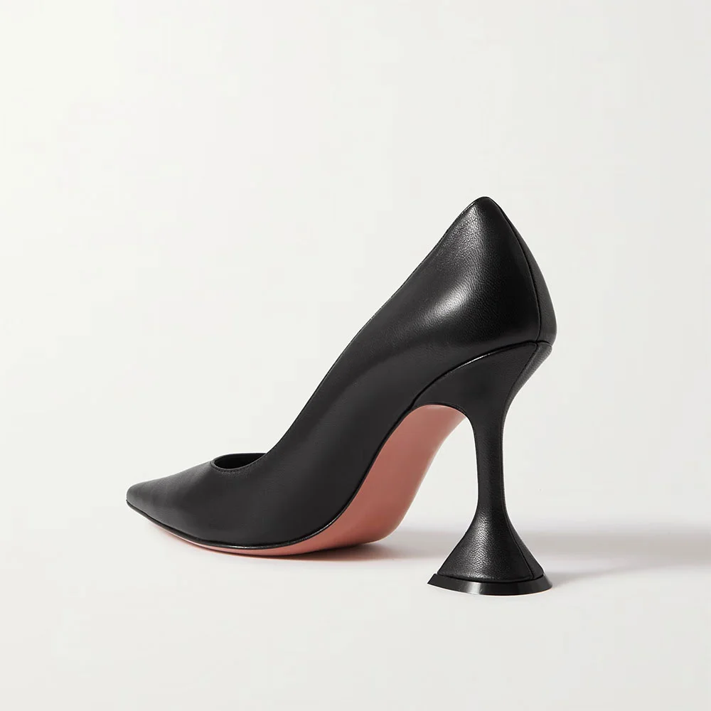Black Vegan Leather Pointed Toe Elegant Pumps With Flared Heels