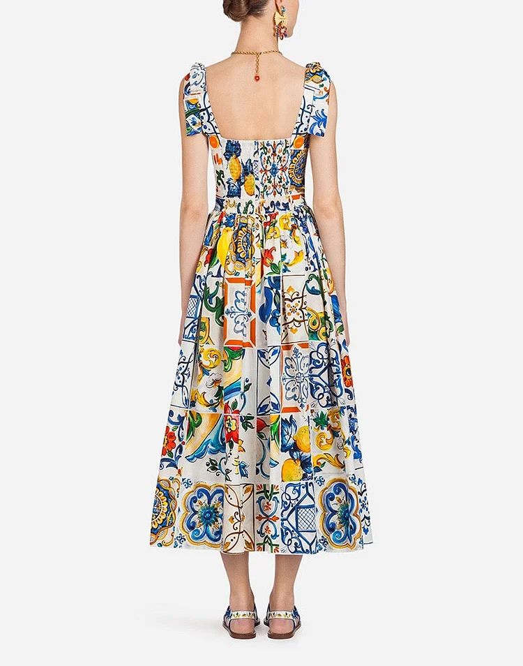 Shirred Back Vintage Bowknot Shoulder Dress