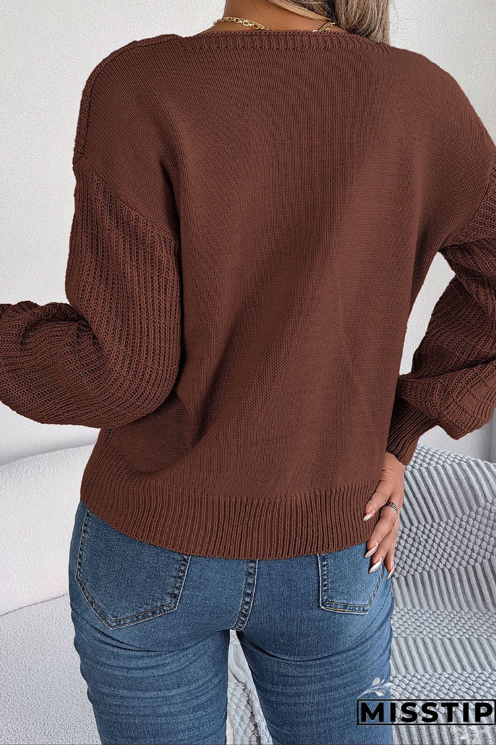 Coffee Cable Knit Mixed Textured Square Neck Sweater - MissTip