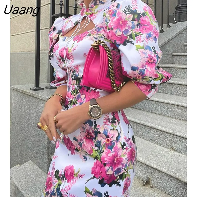 Uaang Women Puff Sleeve Floral Print Frill Hem Cutout Tied Detail Dress