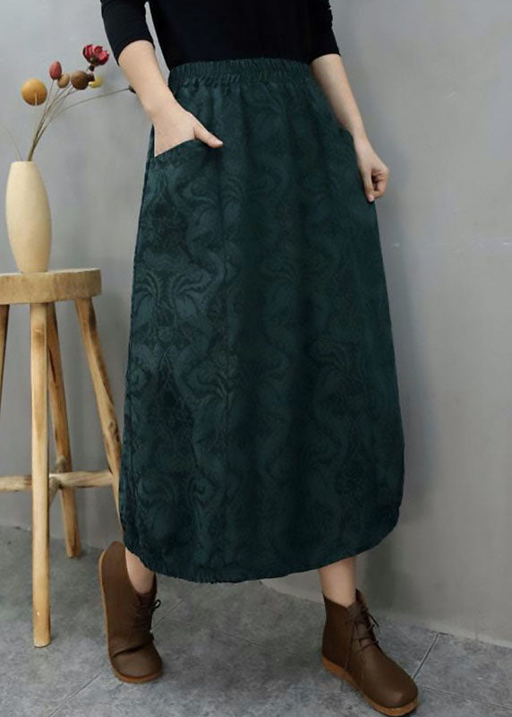 Bohemian Green Pockets Jacquard Cotton Skirts Winter - Ladylim