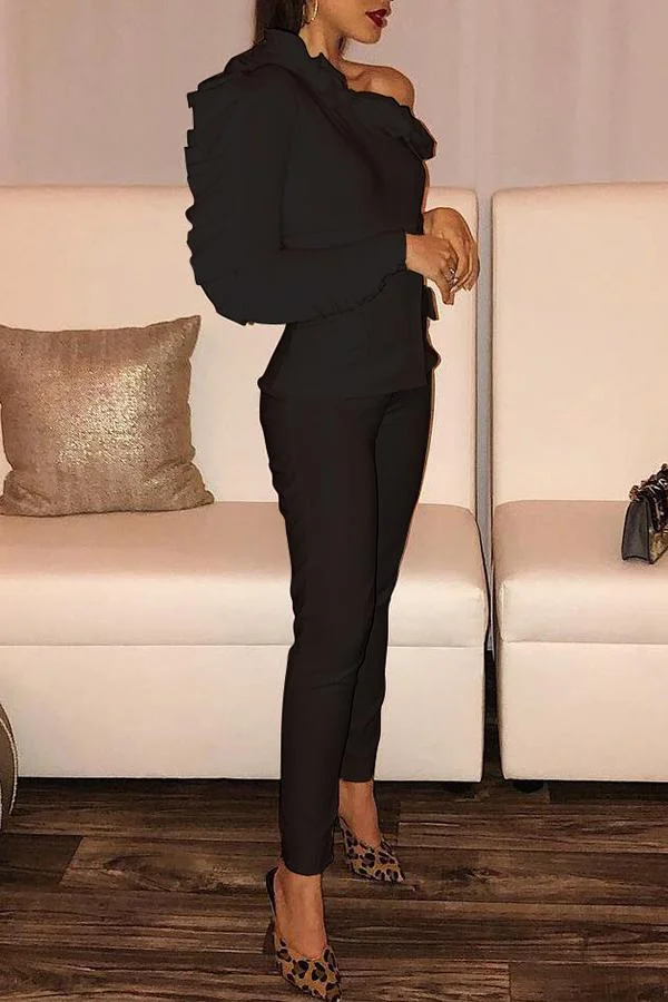 Agaric Lace Trim One Shoulder Two Piece Set