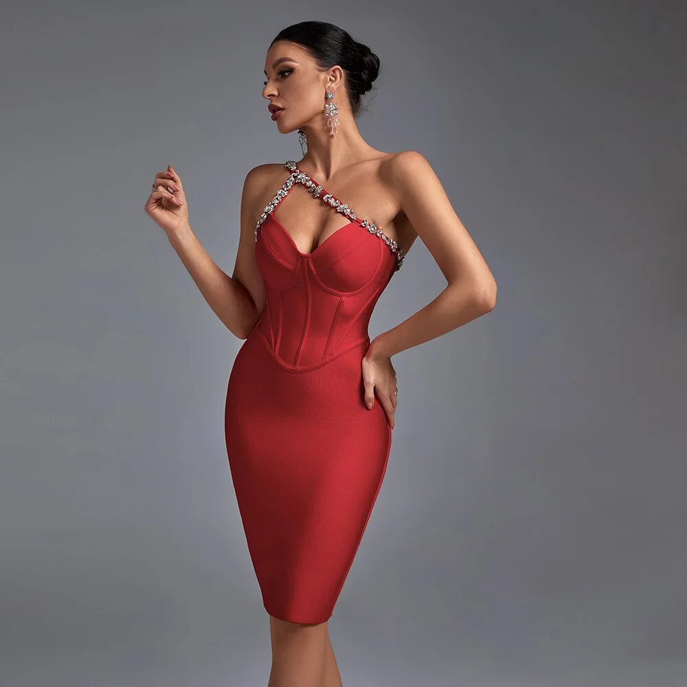 Uveng Bandage Dress Women Red Bodycon Dress Evening Party Elegant Sexy