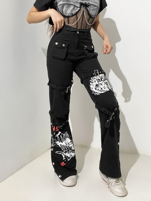 Gothic Dark Street Printed Belt High Rise Washed Jeans with Pockets