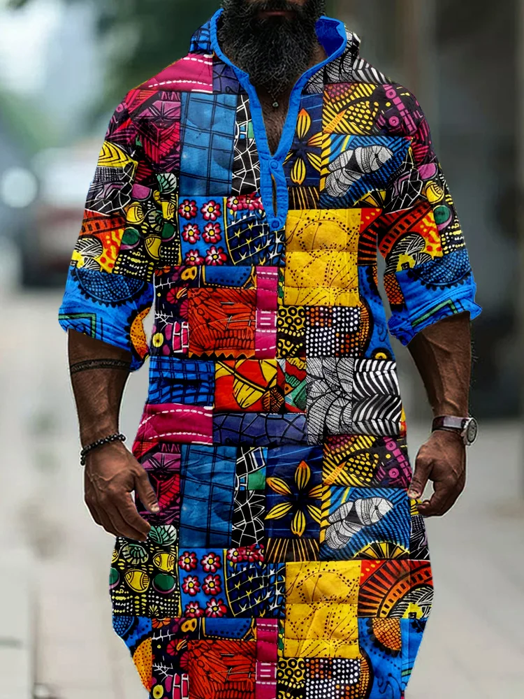 Men's African Patchwork Pattern Linen Long Hooded Tunic