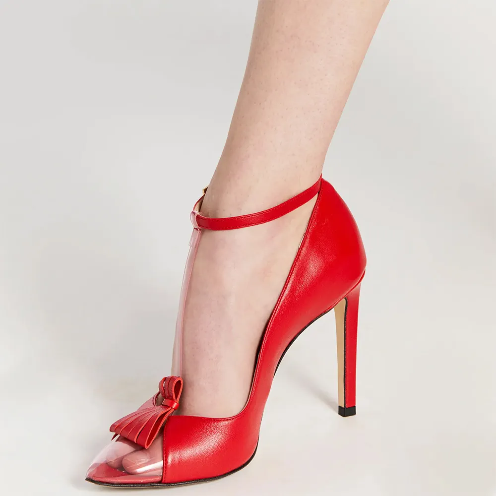 Red & Pink Pointed Toe 3 Inch Heels T-Strap Buckled Pumps for Women