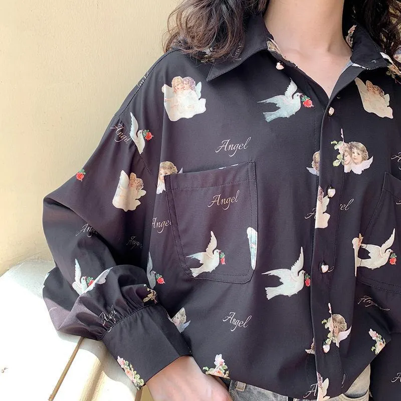 ANGEL PRINT LONG SLEEVE CHIFFON SHIRT