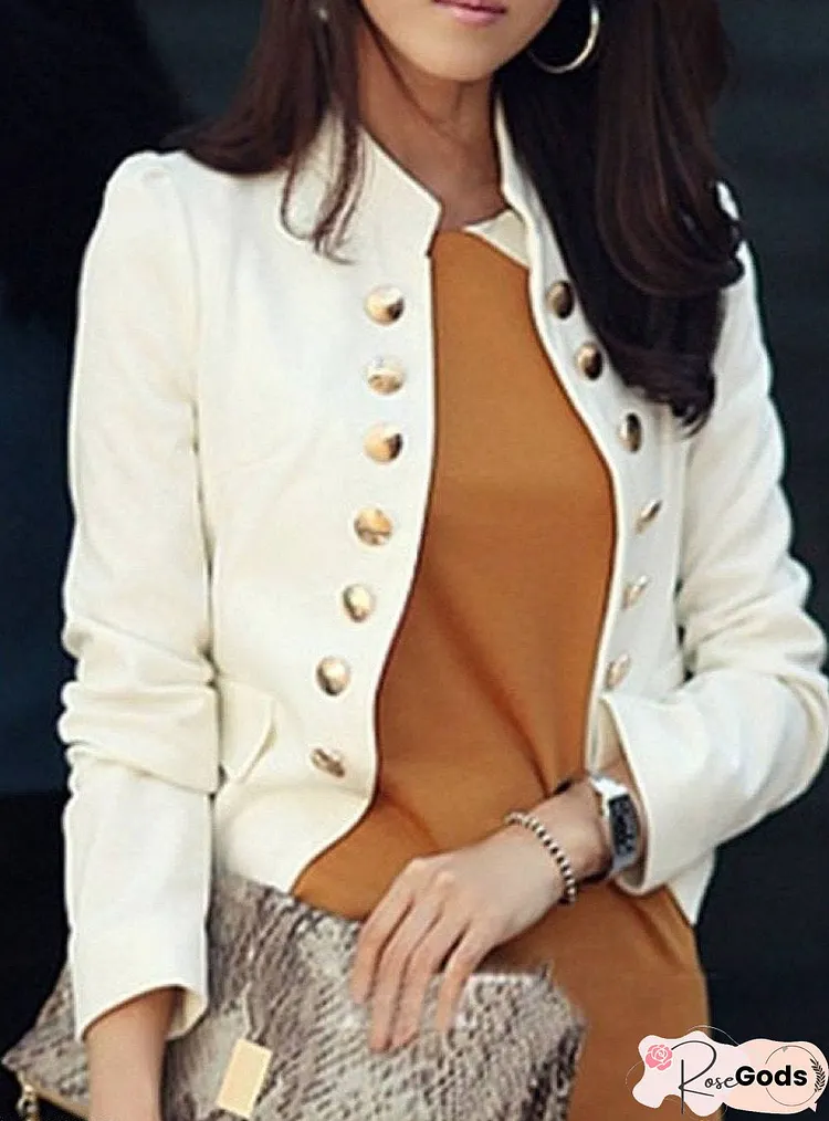 Ladylike Double Breasted Band Collar Blended Plain Blazer