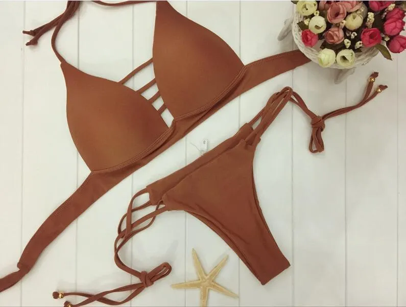 Brown Lattice Front Triangle Bikini Suits